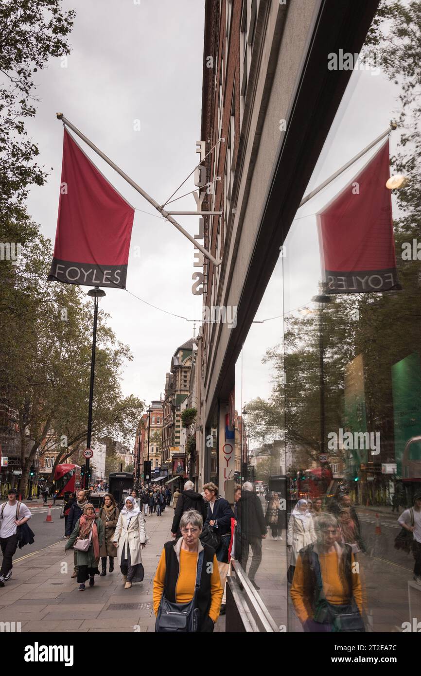 The Foyles flag reflected in a pane of glass outside Foyles bookshop on ...