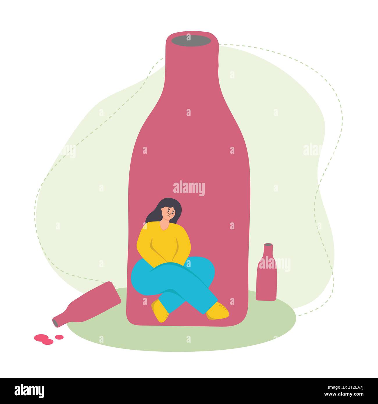 Female alcoholism. A sad girl sits in a wine bottle. Bad habit, alcohol ...