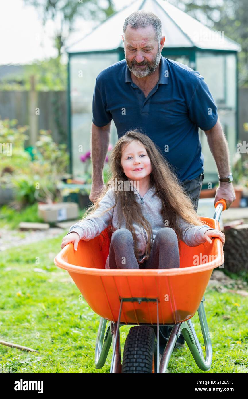 Father riding the wheelbarrow with a little girl in it in the garden ...