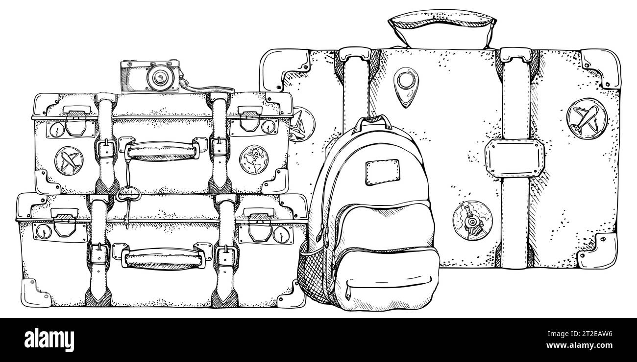 Ink hand drawn vector sketch. Illustration with set of retro vintage ...