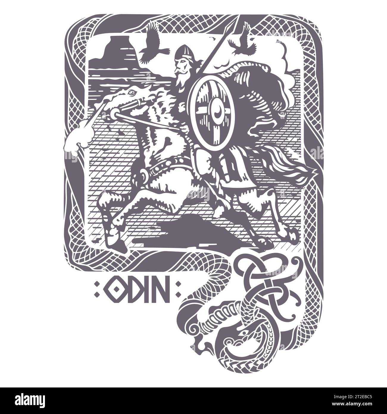 Viking Design. Old Norse God Odin on a war horse with a spear and ...