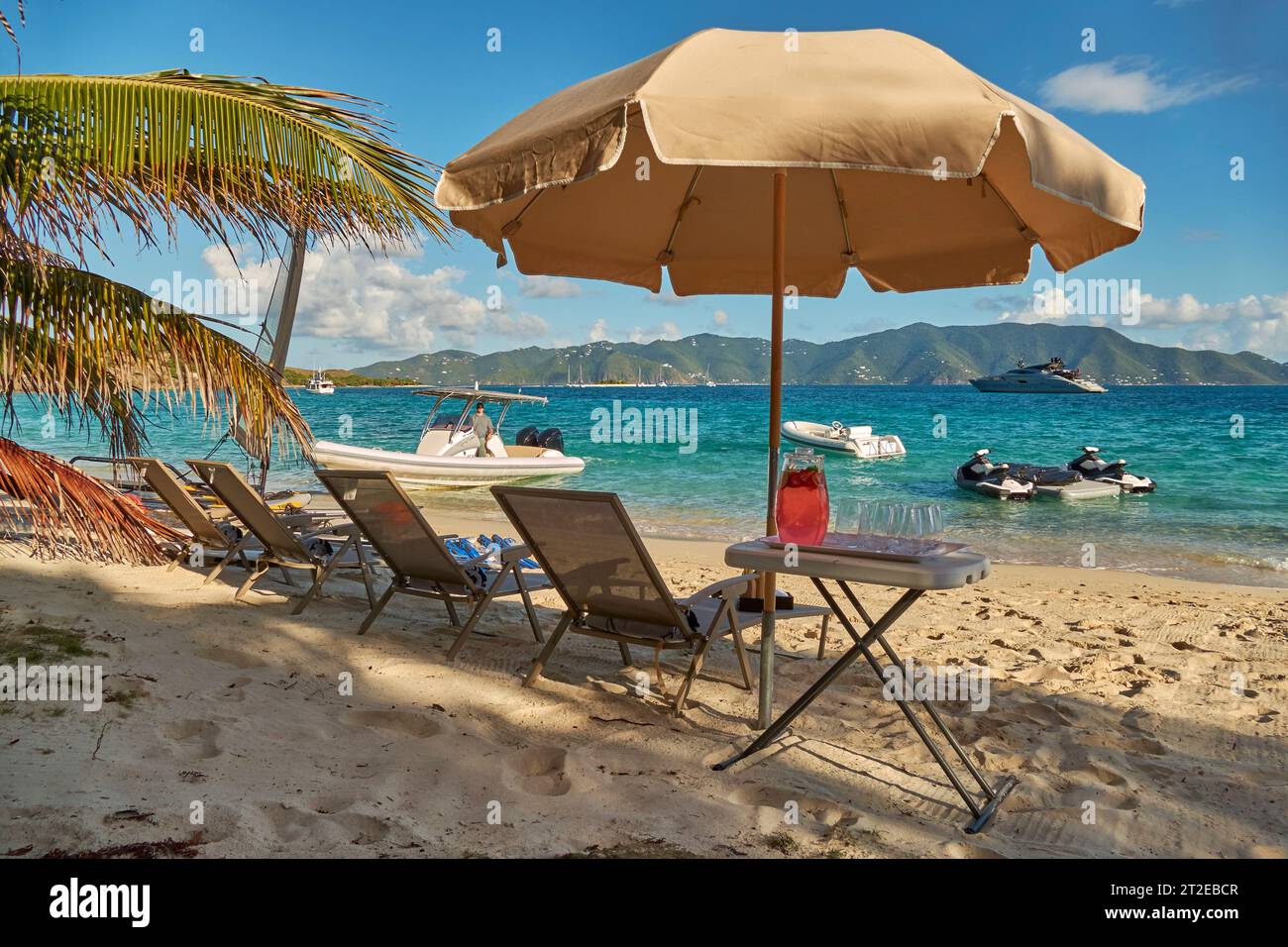 Beach scene in Tortola, BVI, with jetskis, dinghy, windsurfers,sailing ...