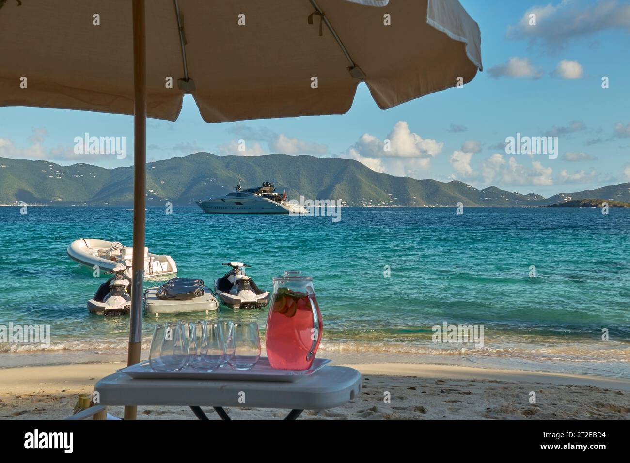 Beach scene in Tortola, BVI, with jetskis, dinghy, windsurfers,sailing ...