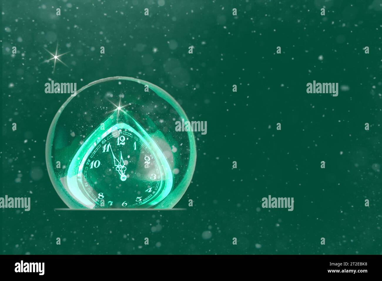 Abstract green greeting card with transparent ball, clock,snow ...