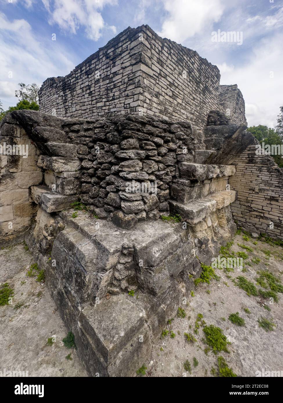 Detail of talud-tablero architectural style in the Mayan ruins of Yaxha ...