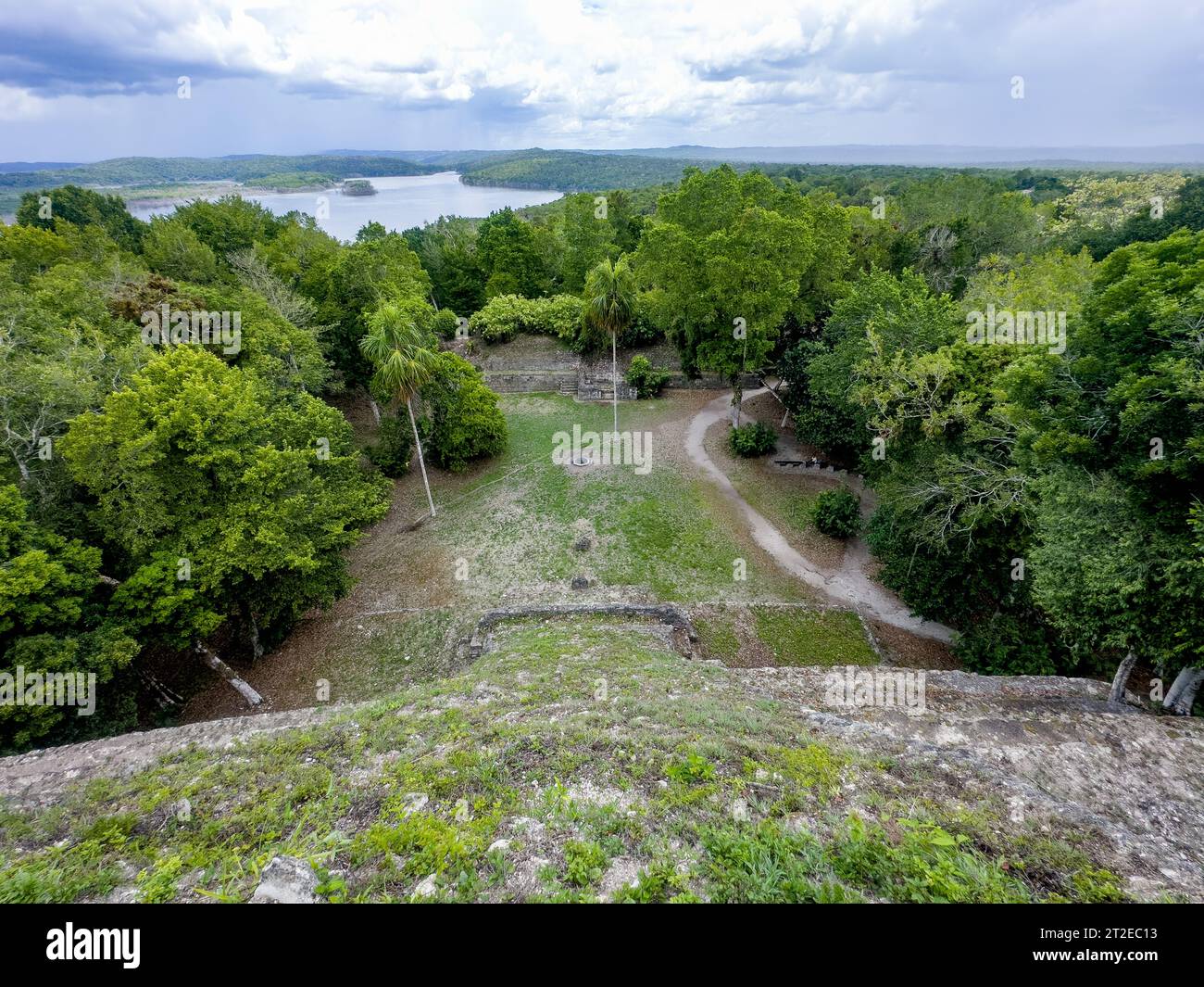 View of Lake Yaxha & Plaza E from the top of Structure 216 in the Mayan ...