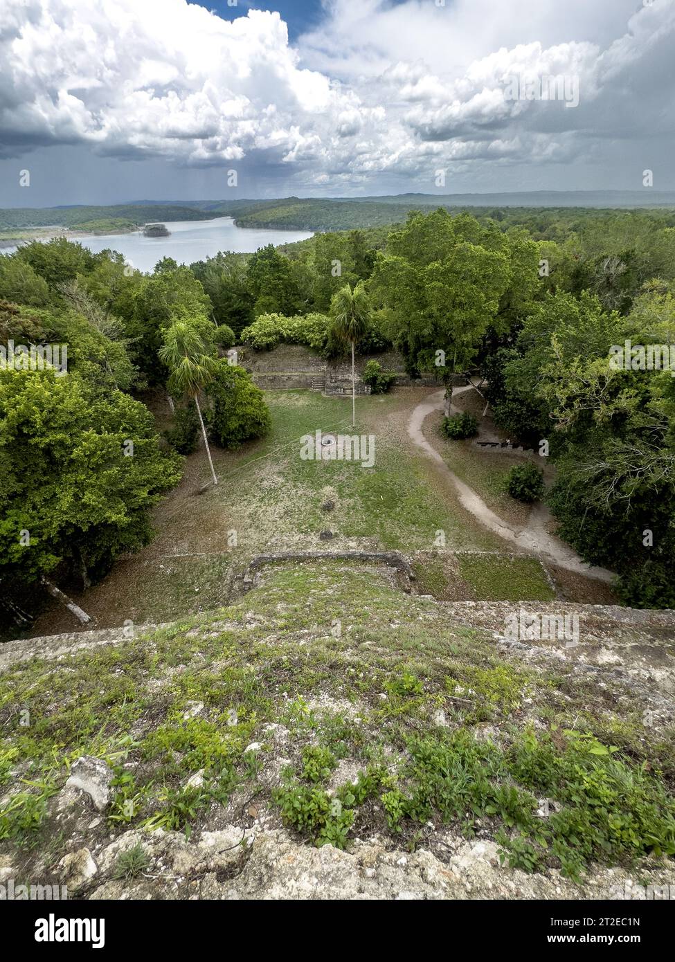 View of Lake Yaxha & Plaza E from the top of Structure 216 in the Mayan ...