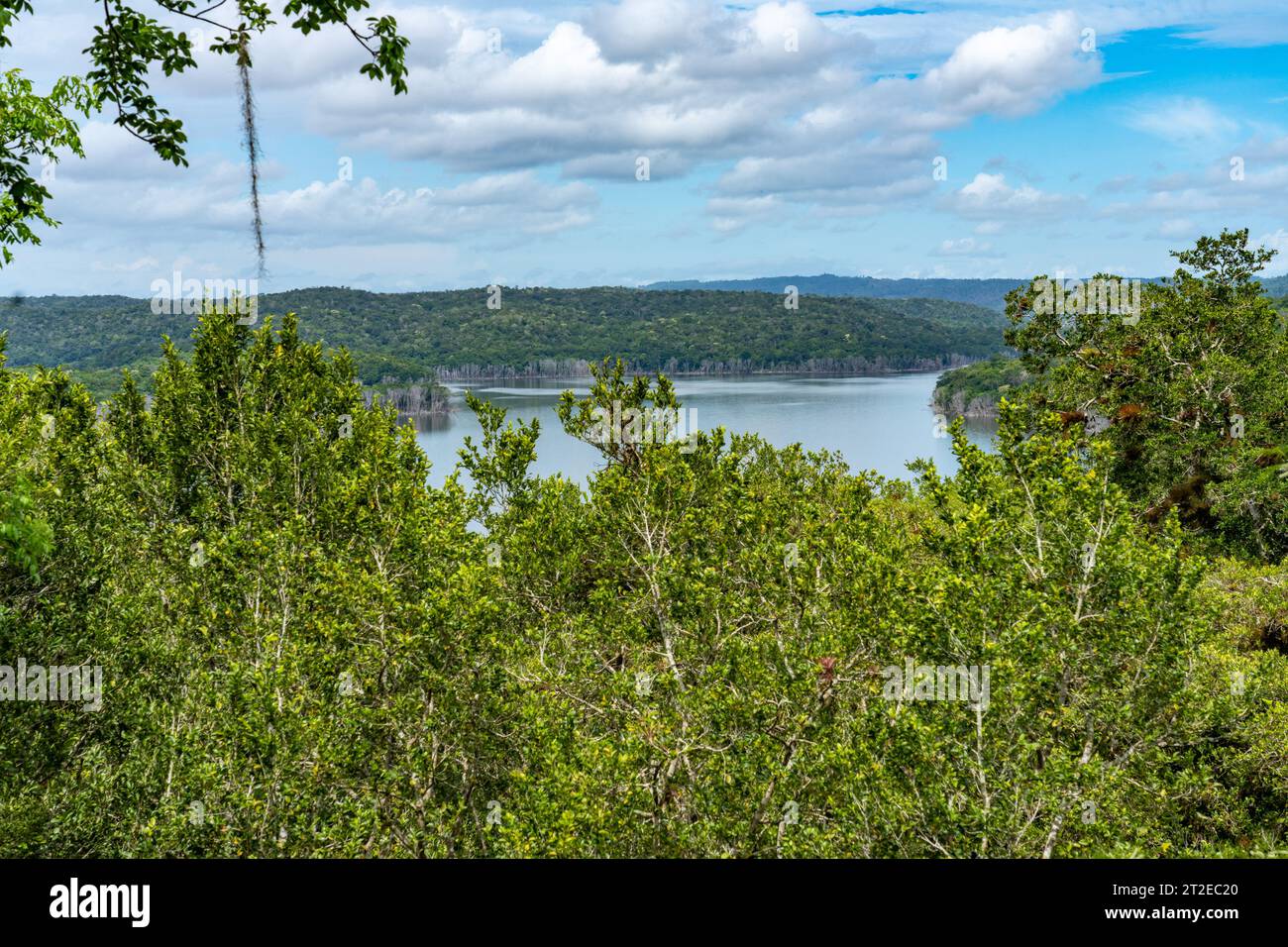 View of Lake Yaxha from the top Structure 117 in the Mayan ruins in ...