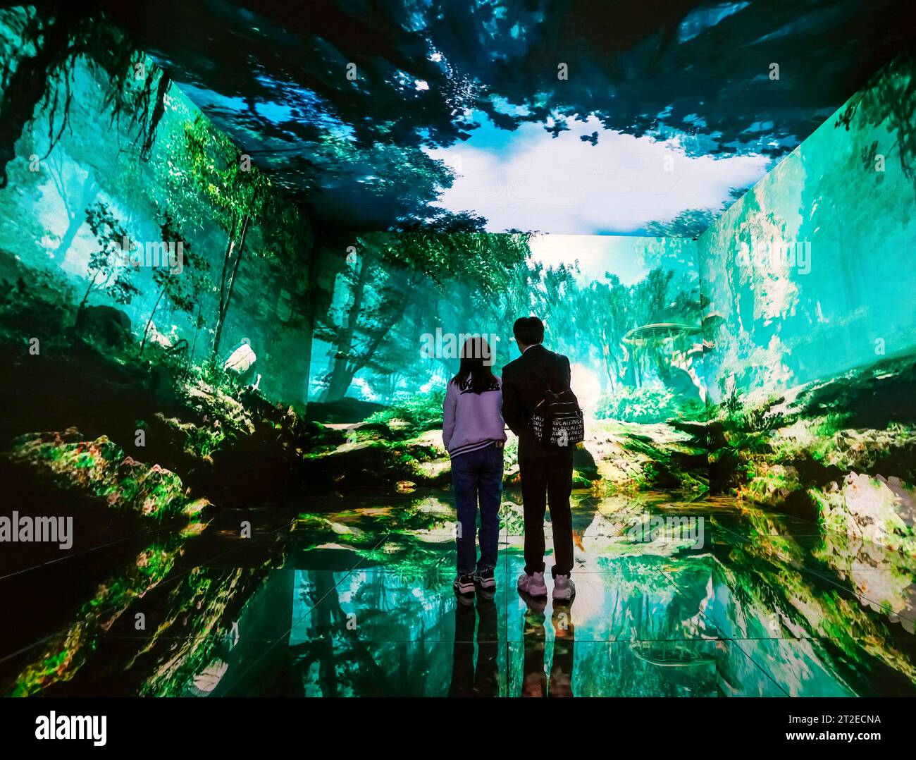 (231019) -- CHENGDU, Oct. 19, 2023 (Xinhua) -- People view a multimedia ...