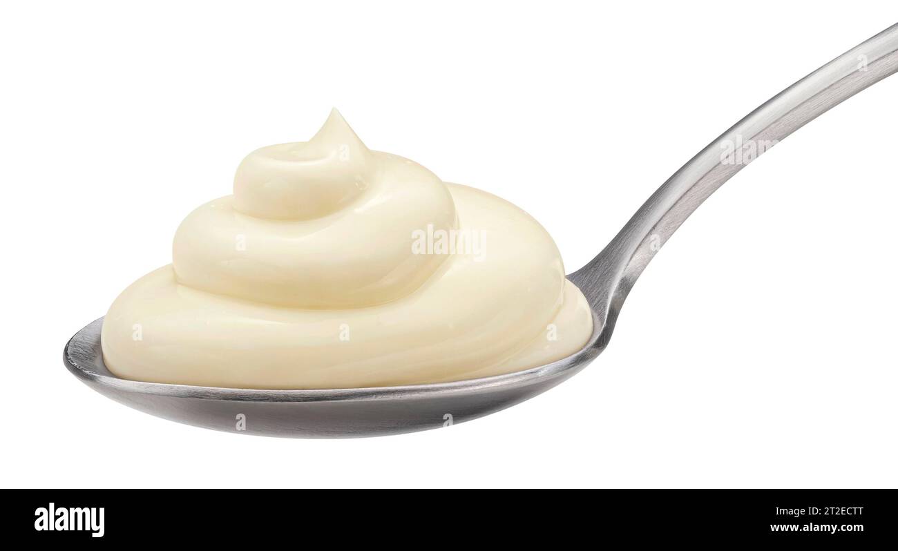Spoon of mayonnaise isolated on white background, full depth of field ...