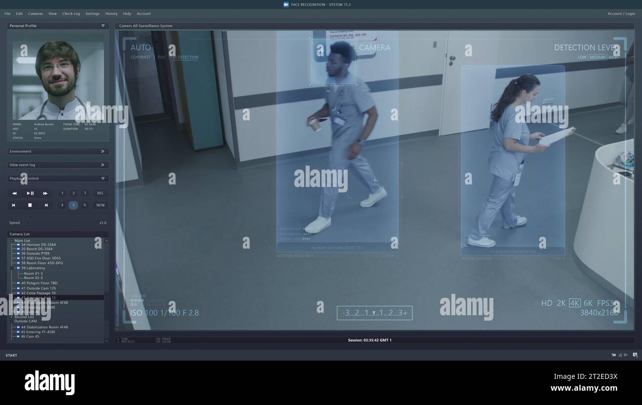 Playback CCTV cameras in modern clinic on PC screen. User interface of ...