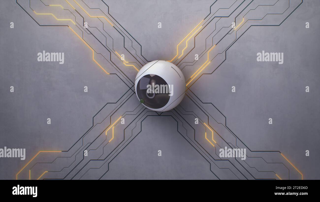 Rotating security camera with AI recognition installed on the wall. 3D ...