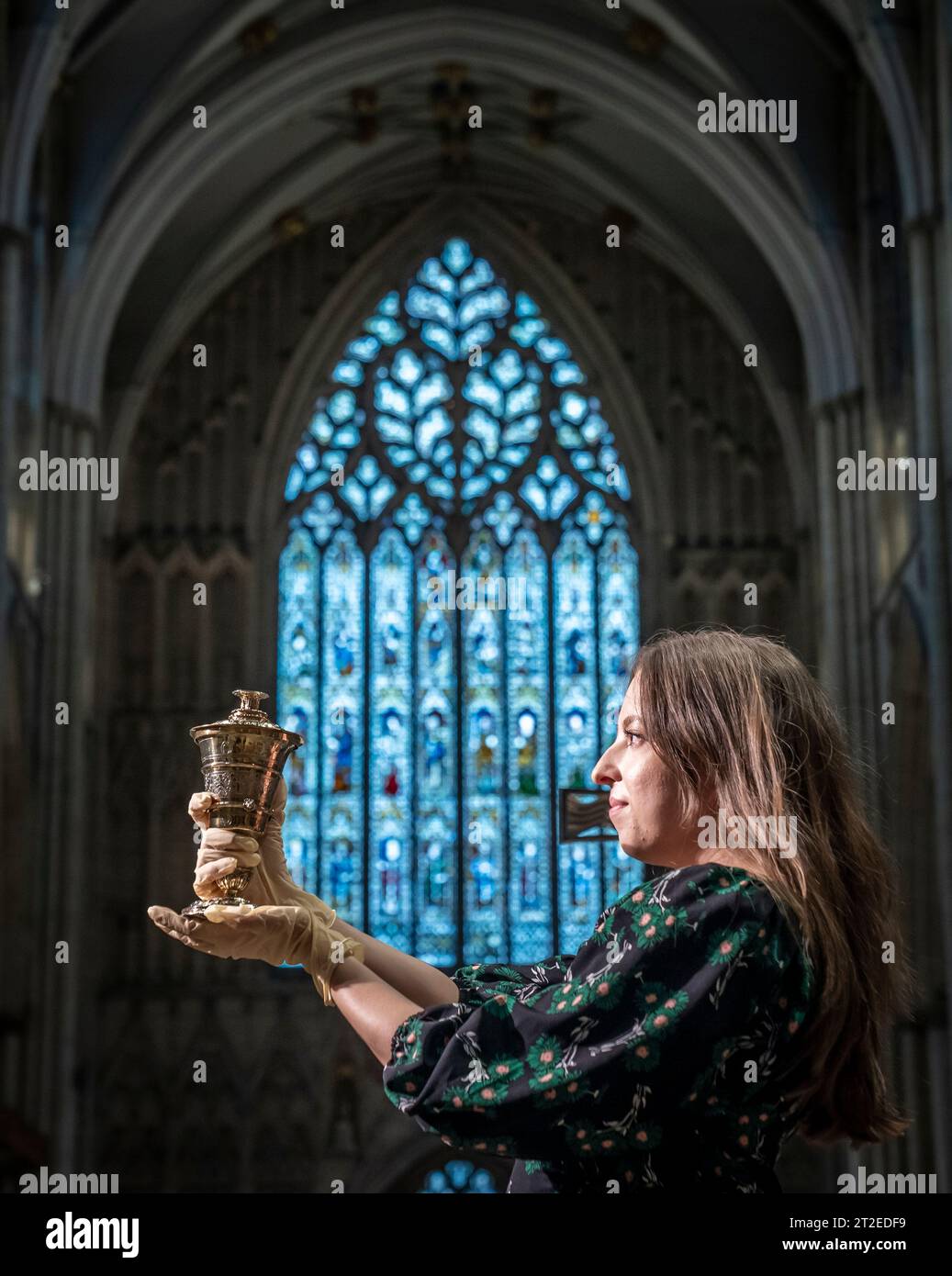 Rosalind Kelly holds a cup and cover from 1558 that forms part of York ...