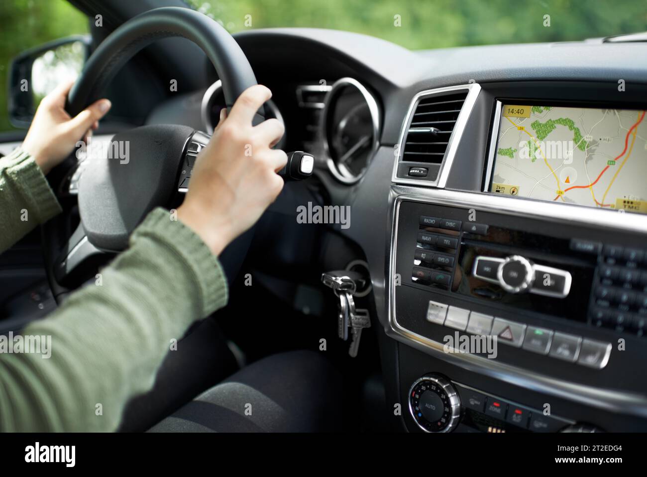 Hands, car interior and digital map on dashboard screen, travel and ...