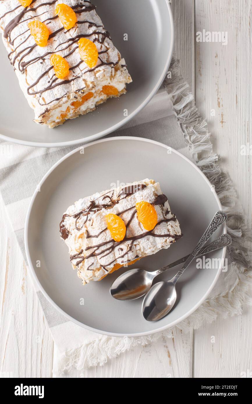 Swedish dessert Budapest roll filled with whipped cream and mandarins ...