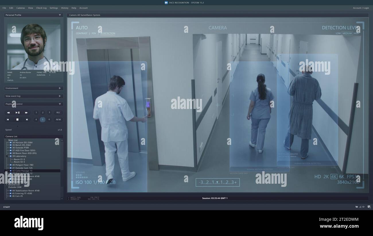 Playback CCTV cameras in modern clinic on PC screen. User interface of ...