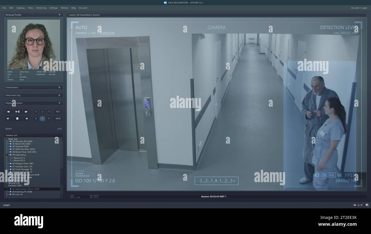 Playback CCTV cameras in modern clinic on PC screen. User interface of ...