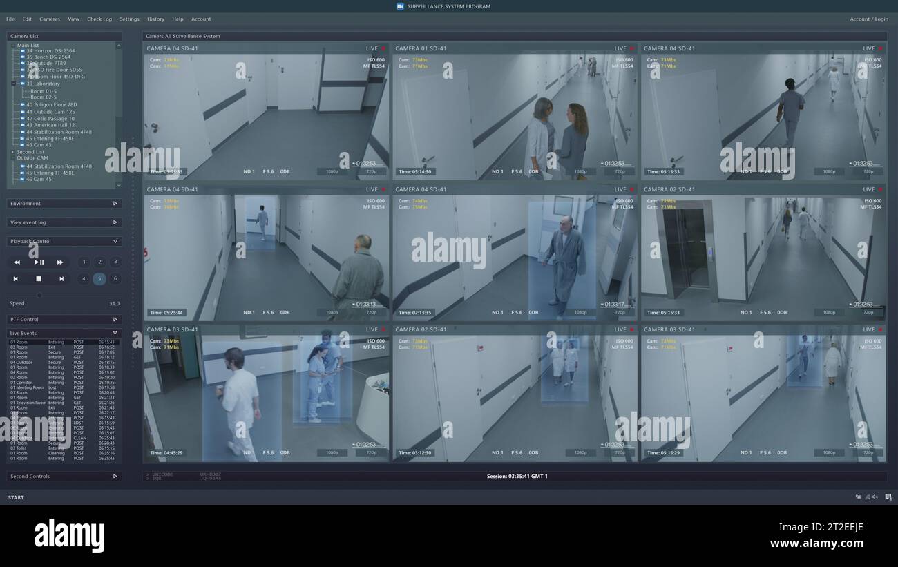 Playback CCTV cameras in hospital hallway on computer screen ...