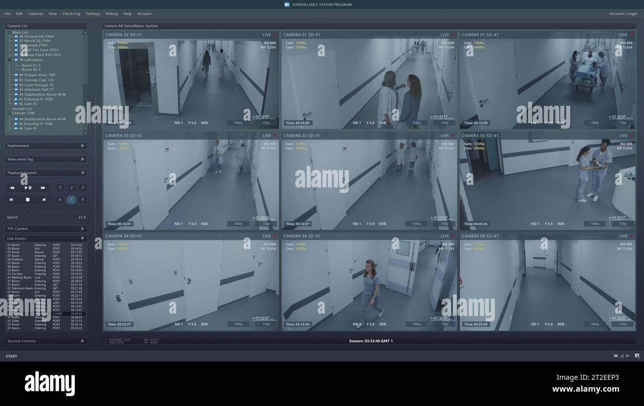 Playback CCTV cameras in hospital hallway on computer or tablet screen ...