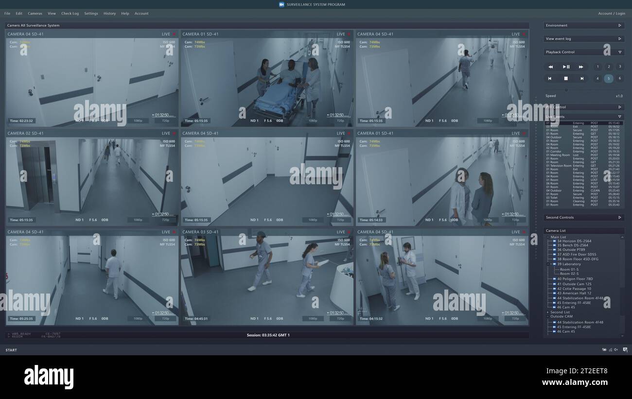 Playback CCTV cameras in hospital hallway on computer or tablet screen ...