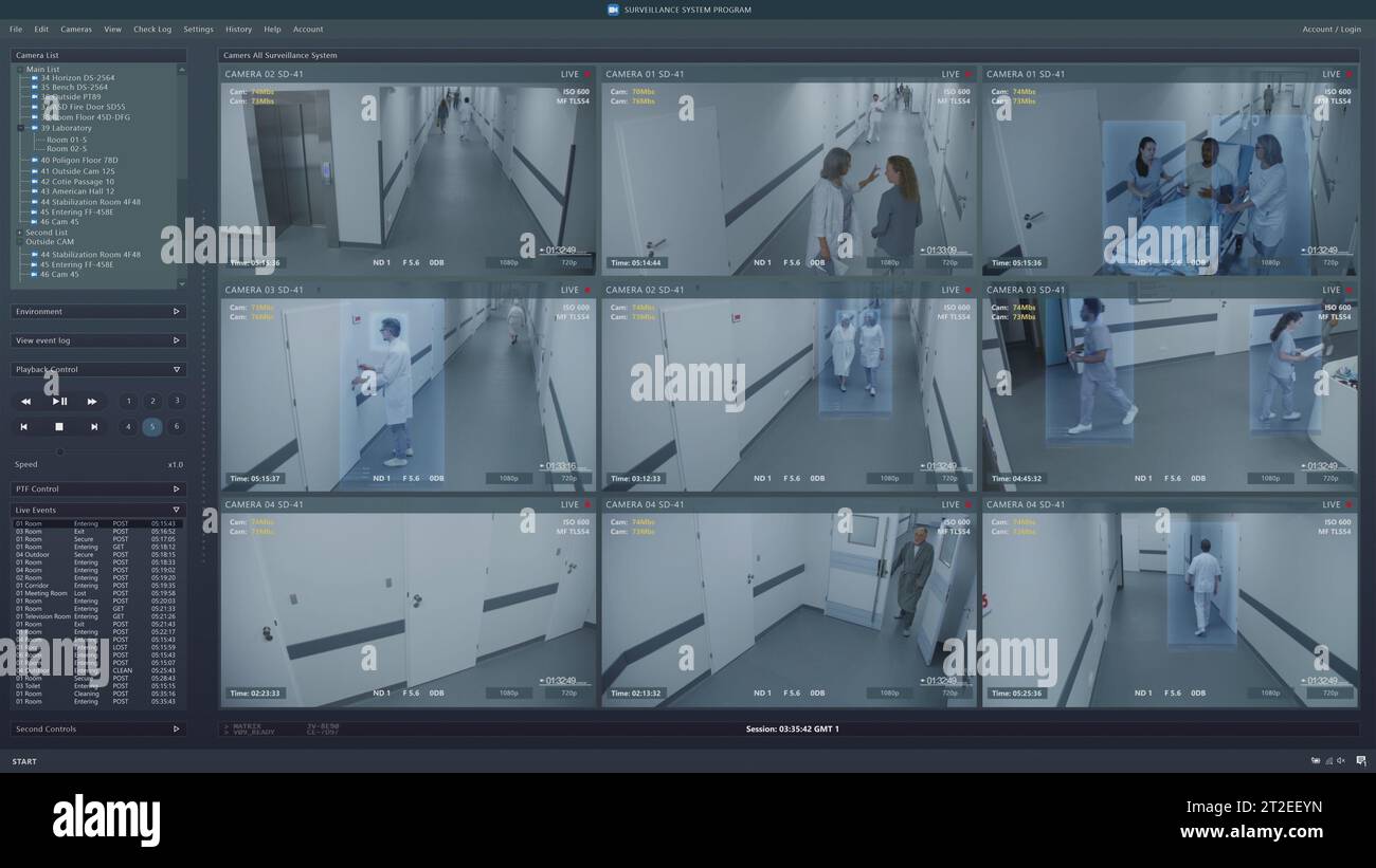 Playback CCTV cameras in hospital hallway on computer or tablet screen ...