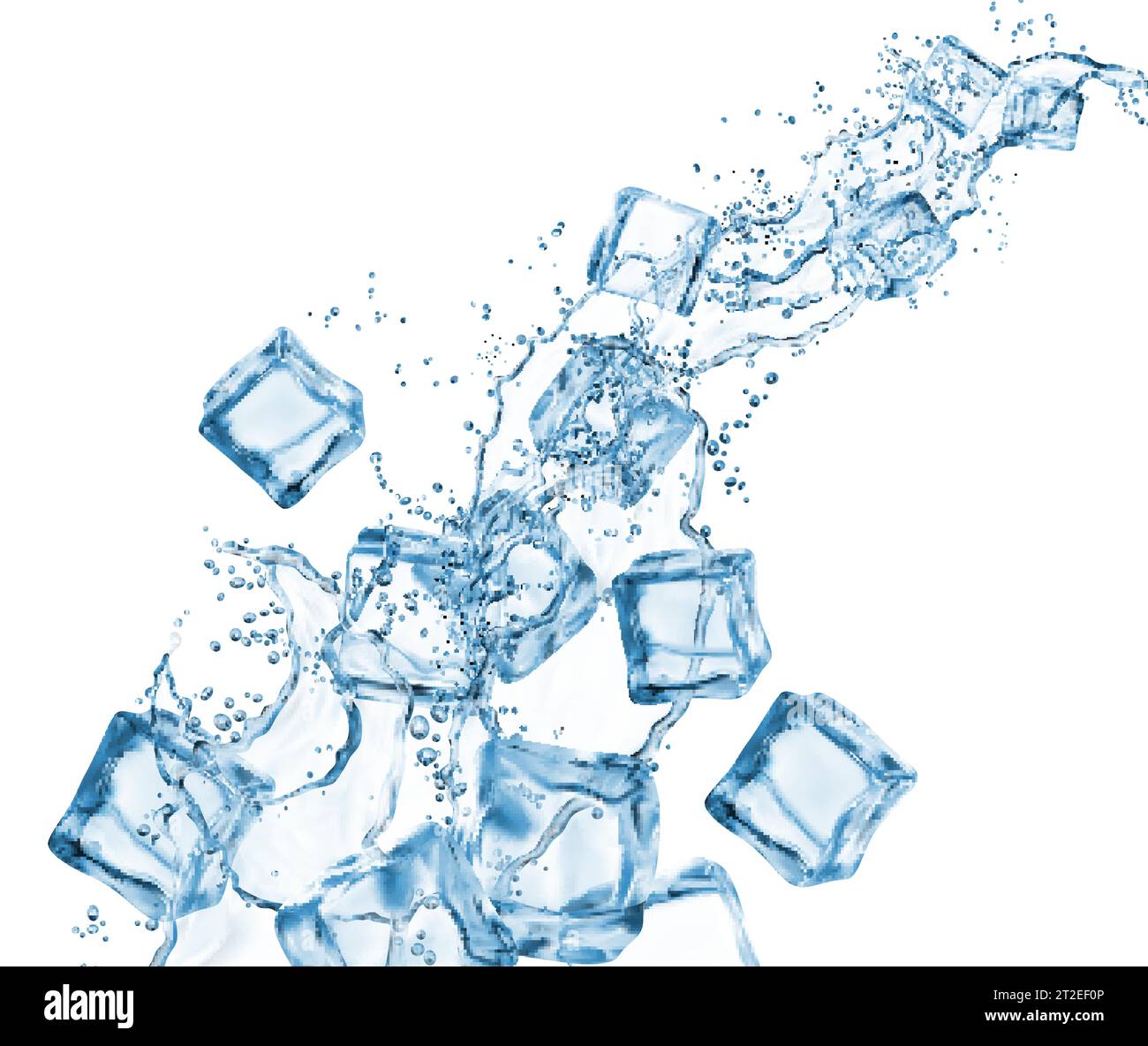 Liquid blue water flow splash and ice cubes with drops in pour wave, realistic vector. Fresh ...
