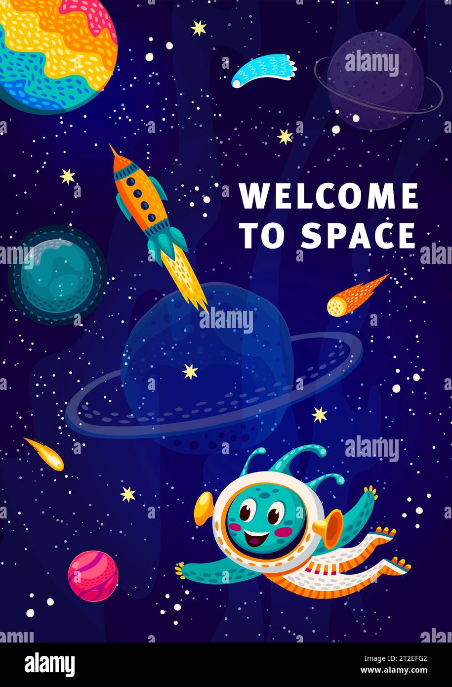 Cartoon alien character in starry galaxy outer space vector poster ...