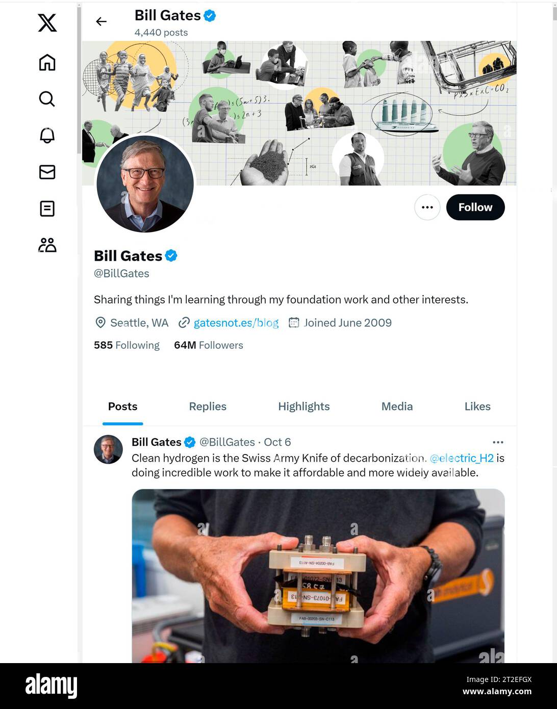 Screenshot of Bill Gates' social media 'X' (formerly Twitter) account ...