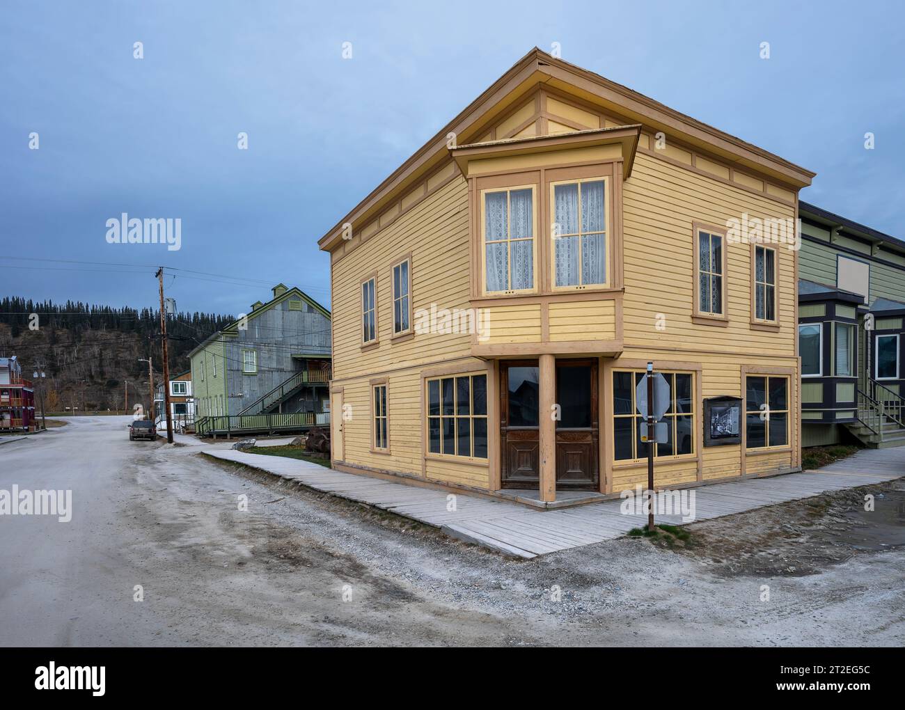 Historic buildings on a street intersection in Dawson City, Yukon ...