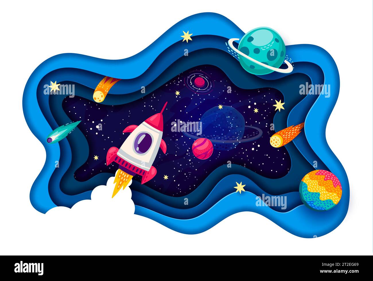Space paper cut banner. Rocket launch, starry galaxy landscape and ...