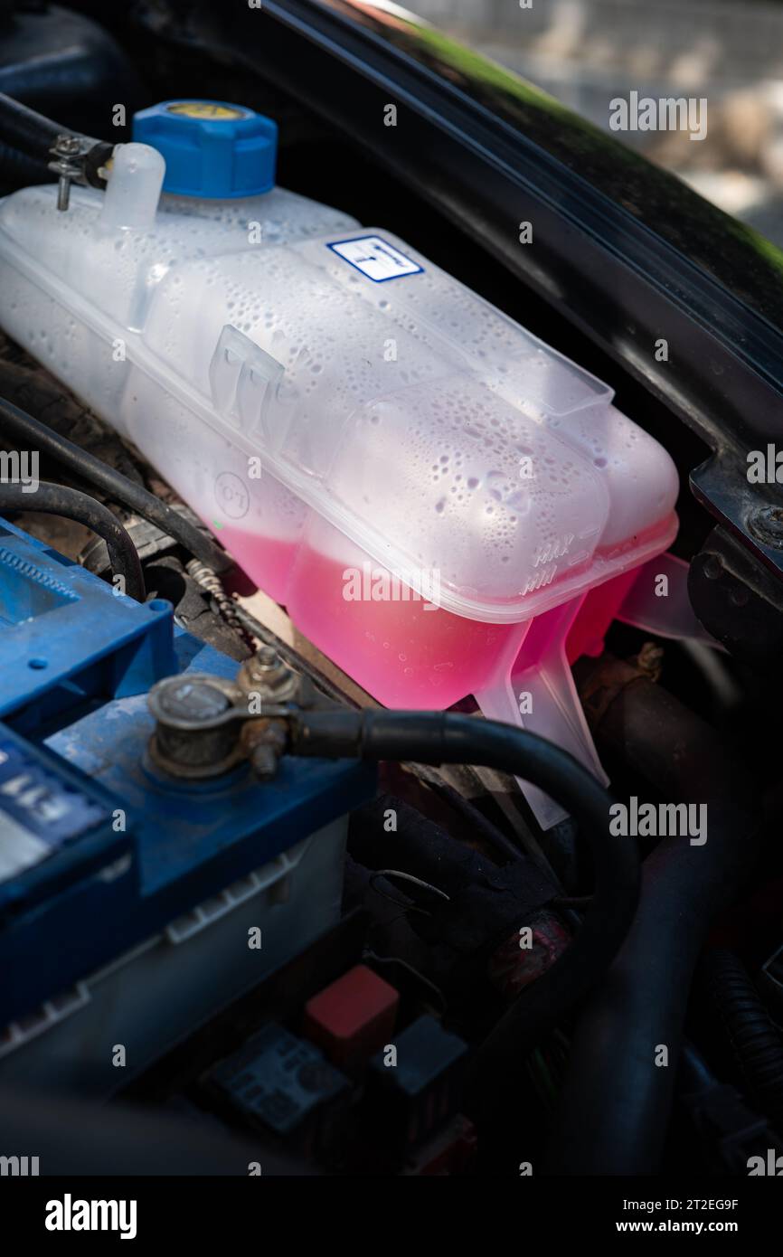 Car coolant liquid or antifreeze expansion tank or bottle, mounted in ...