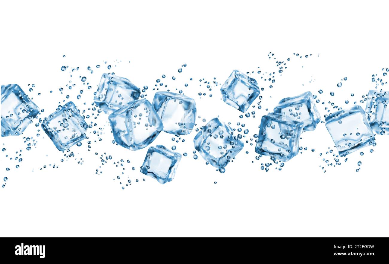 Blue water flow splash and ice crystal cubes. Cold cocktail 3d vector splatters frozen motion ...