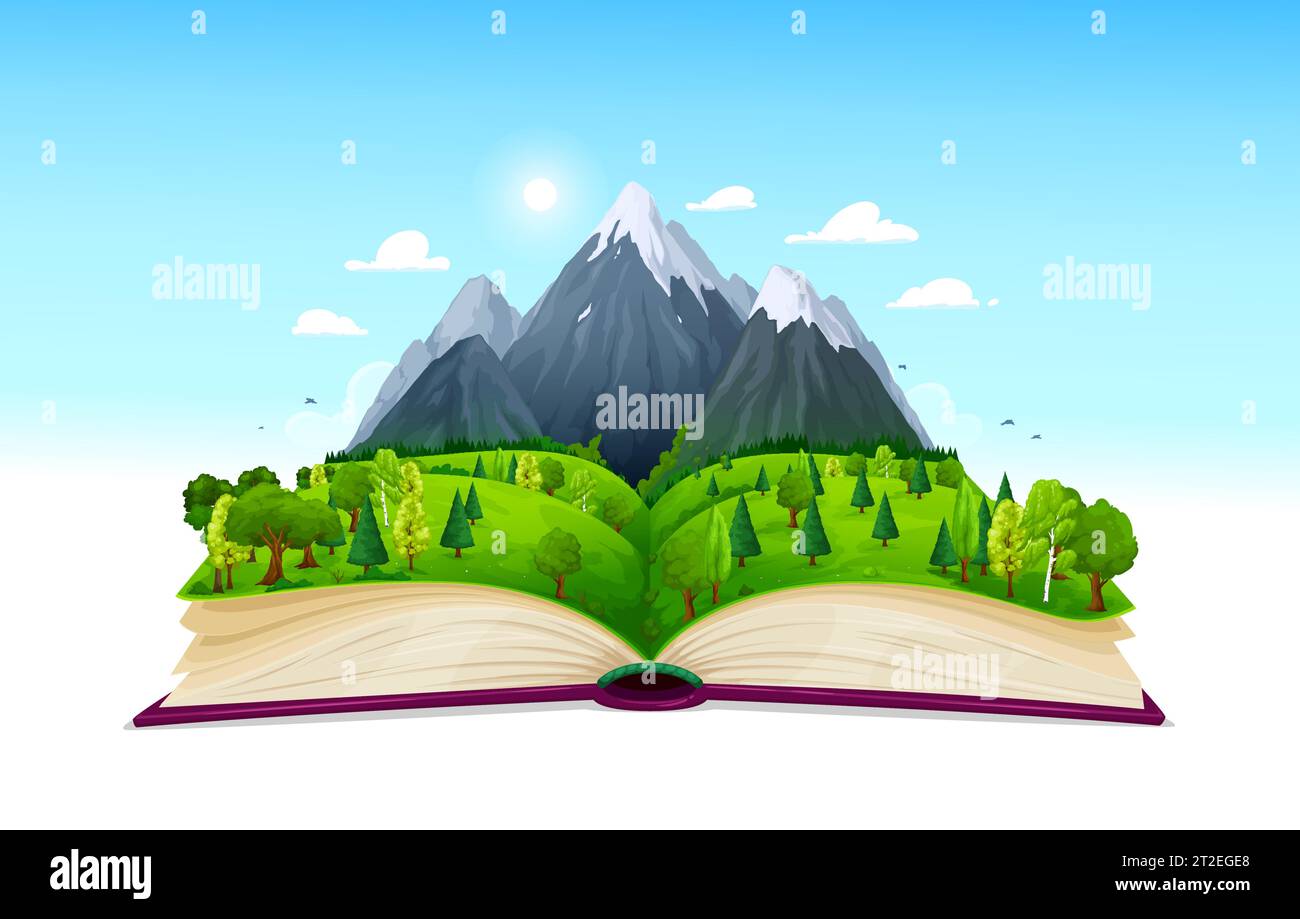 Open nature book with mountains and forest landscape. Vector scene ...