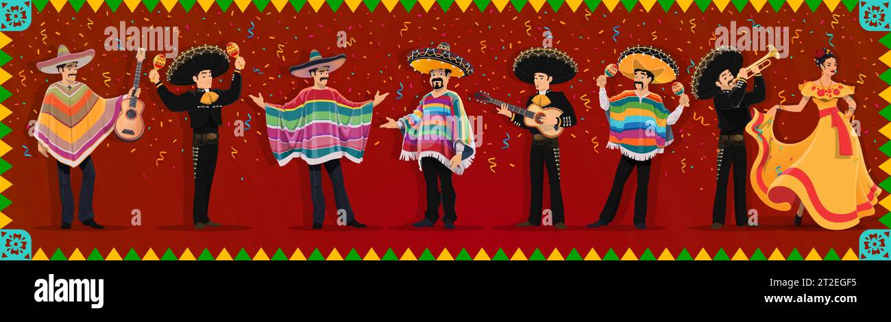 Cartoon Mexican characters on holiday carnival, mariachi musicians ...