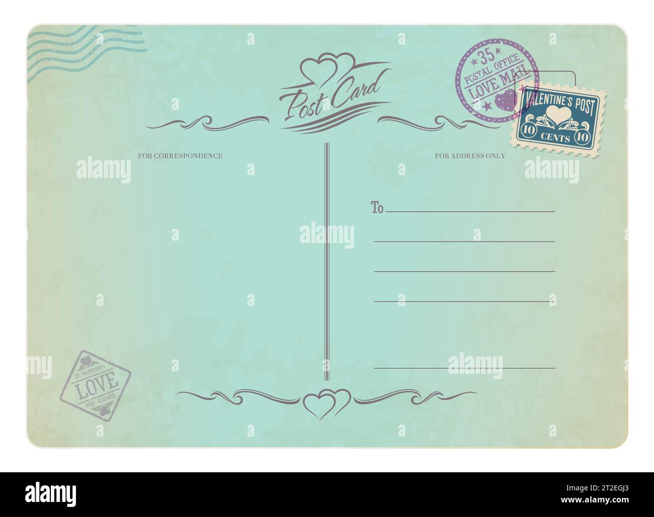 Valentine day antique postcard, retro postage stamp and vintage mail ...