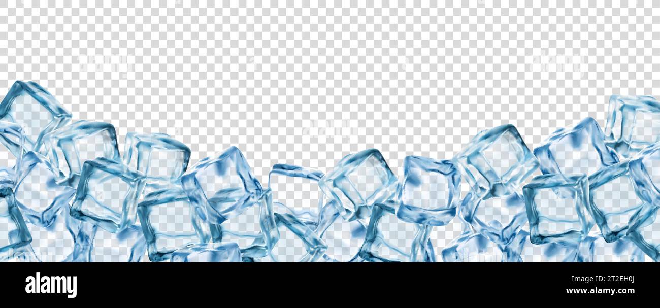 Realistic ice cubes background, crystal ice blocks frame. Isolated 3d vector border of blue ...