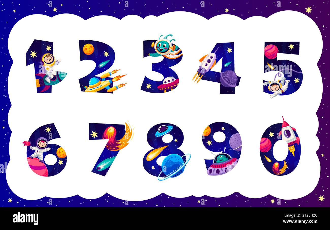 Cartoon galaxy space numbers, math game elements, vector astronomy ...