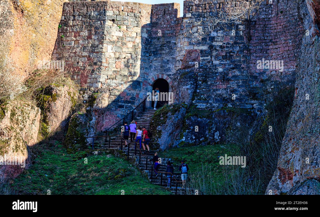 Group of active seniors hiking and climbing,the steps leading to ...