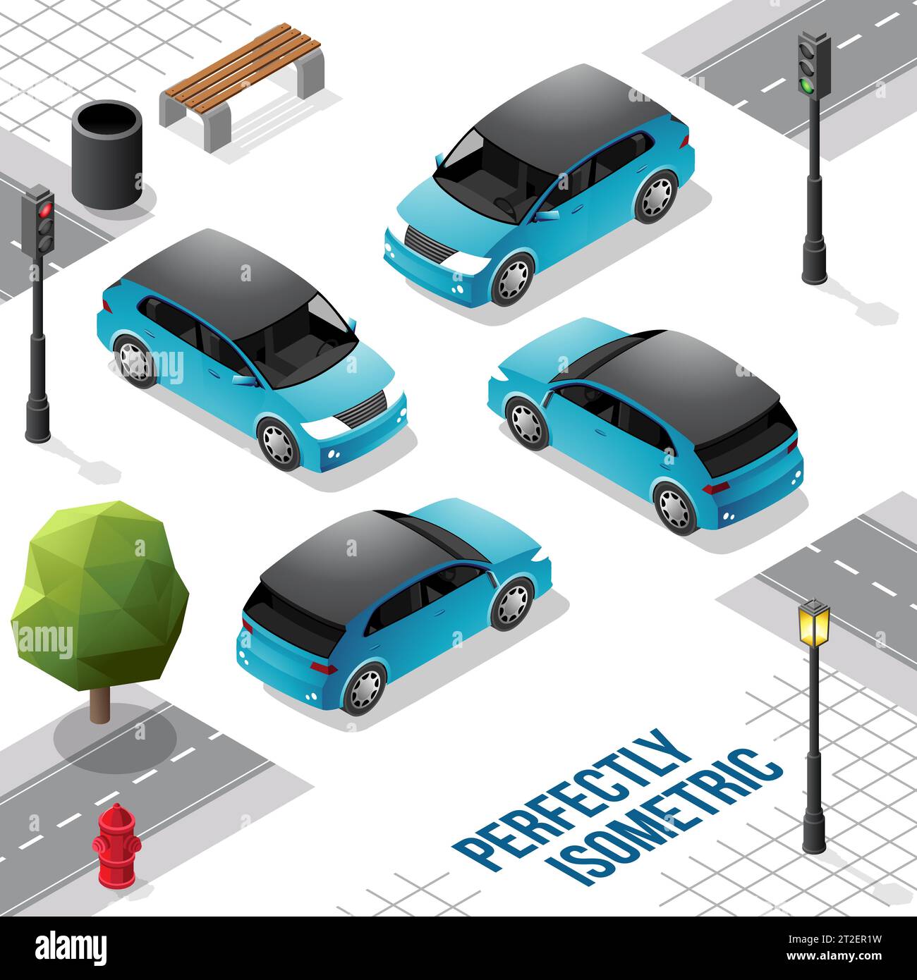 Blue and Black Isometric Hatchback Car from Front Back Right and Left ...