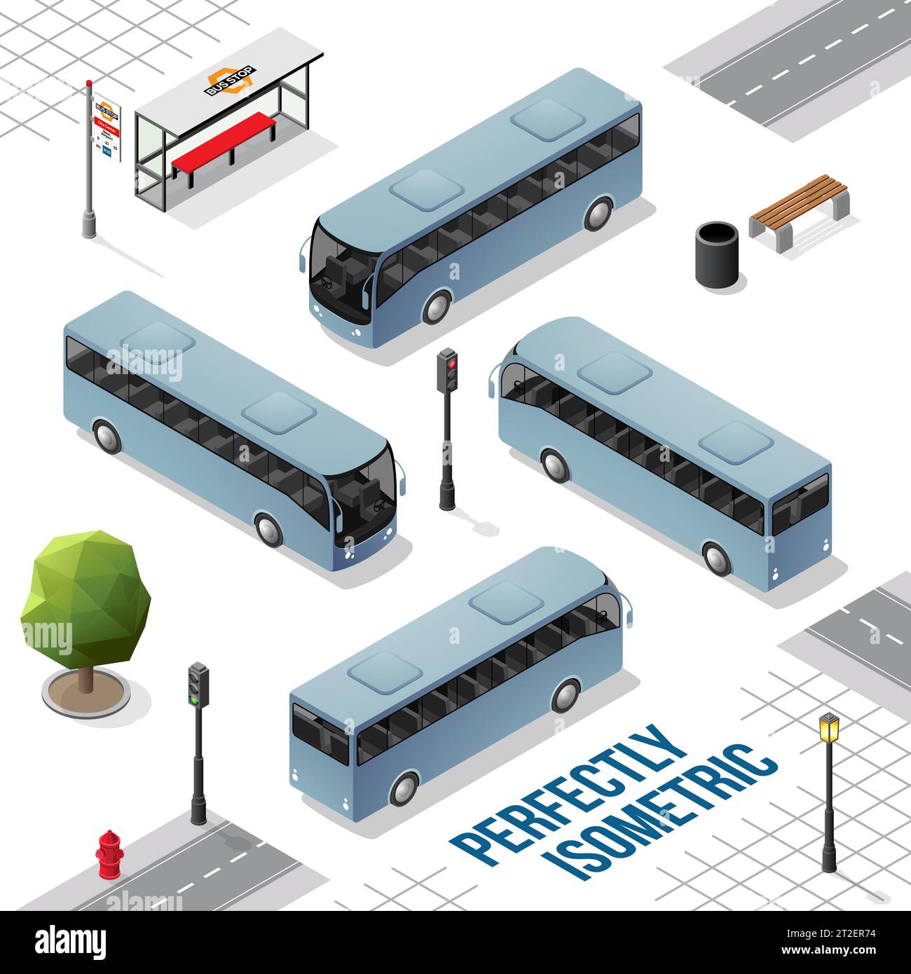 Blue Grey Isometric Bus from the Front Back Right and Left isolated on ...