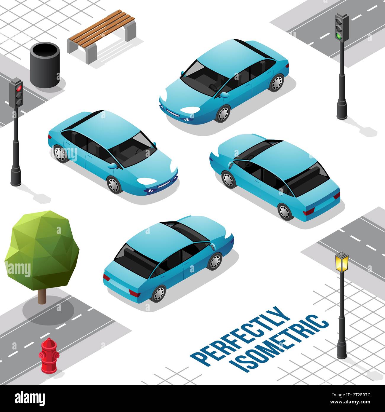 Blue Isometric Car from Front Back Right and Left isolated on White ...