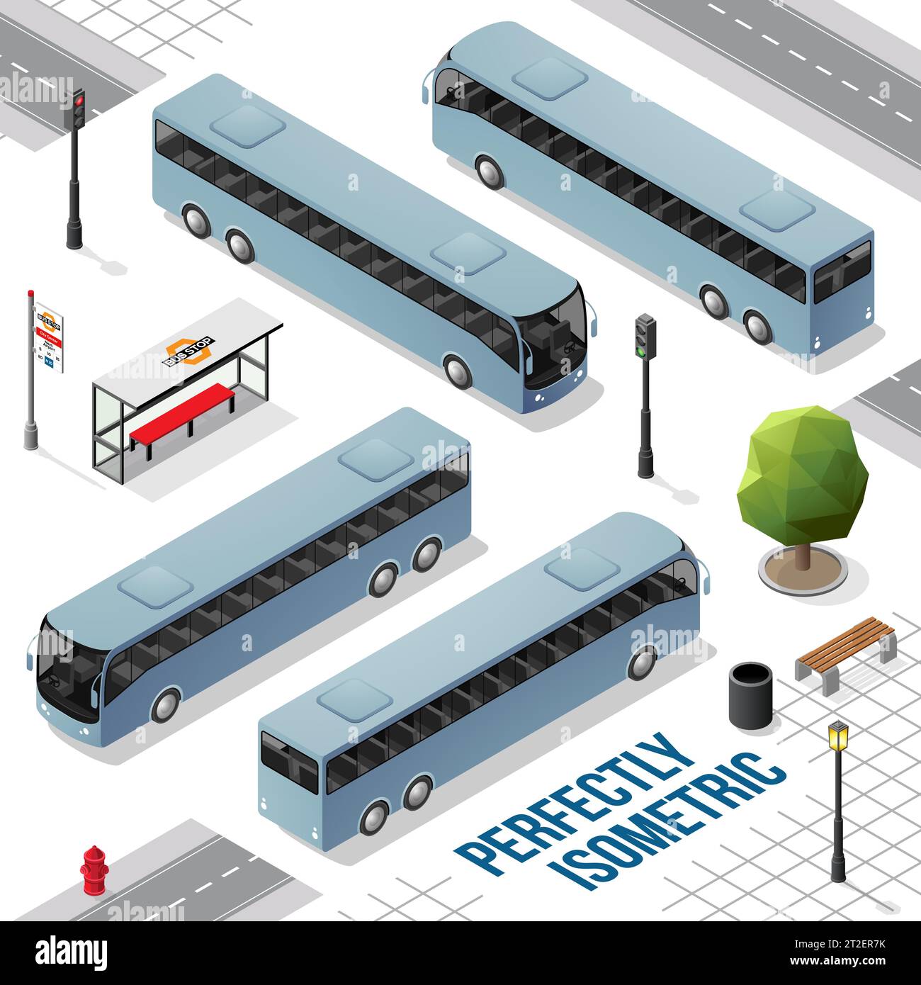 Blue Grey Long Isometric Bus from the Front Back Right and Left ...
