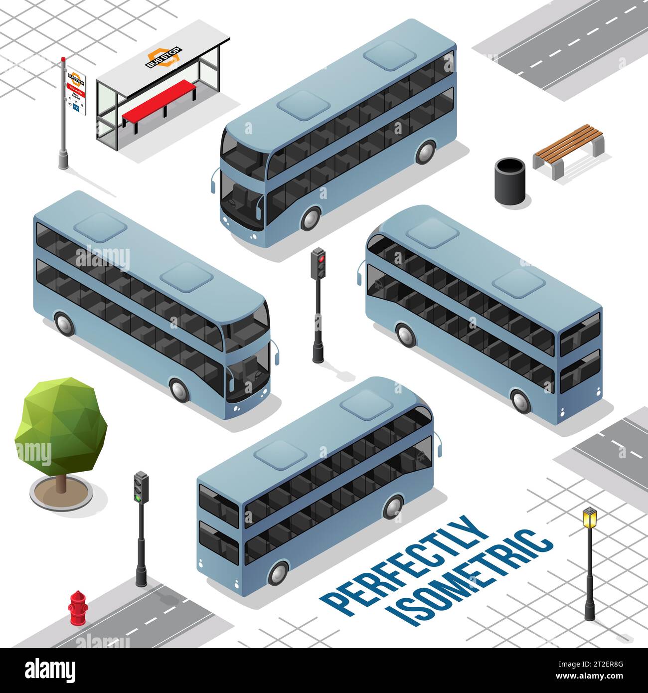 Blue Grey Double Decker Isometric Bus from the Front Back Right and ...