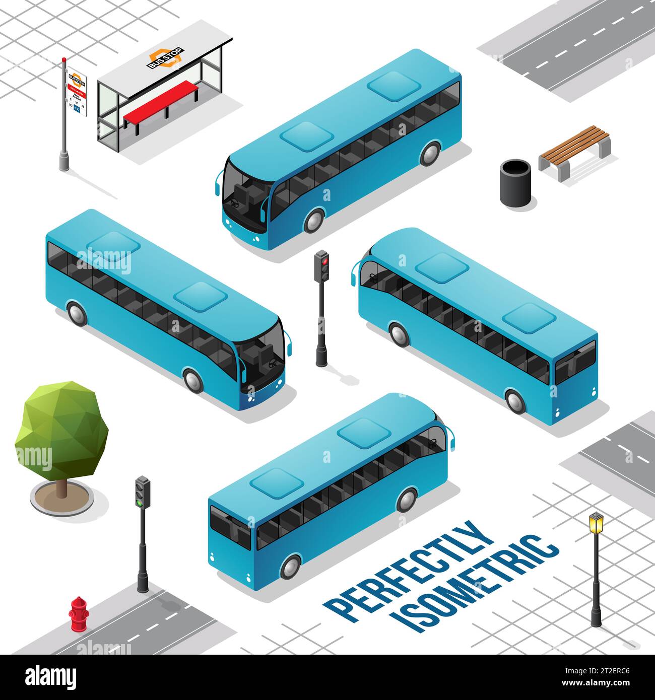 Blue Isometric Bus from the Front Back Right and Left isolated on White ...