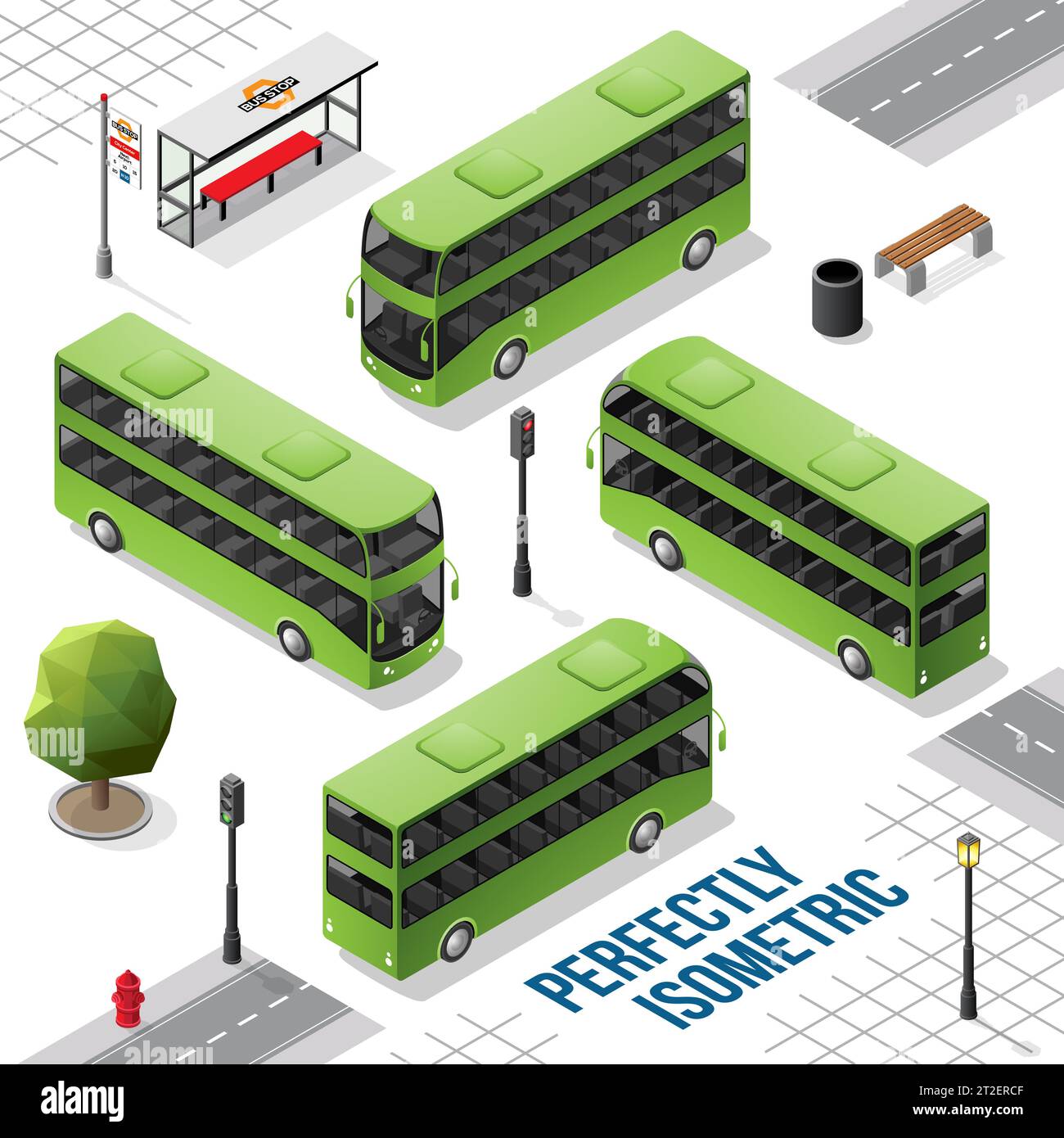 Green Double Decker Isometric Bus from the Front Back Right and Left ...