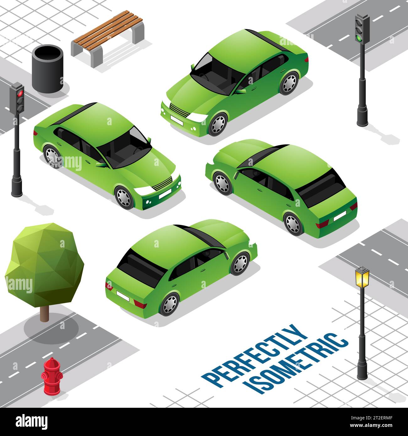 Green Isometric Long Car from Front Back Right and Left isolated on ...