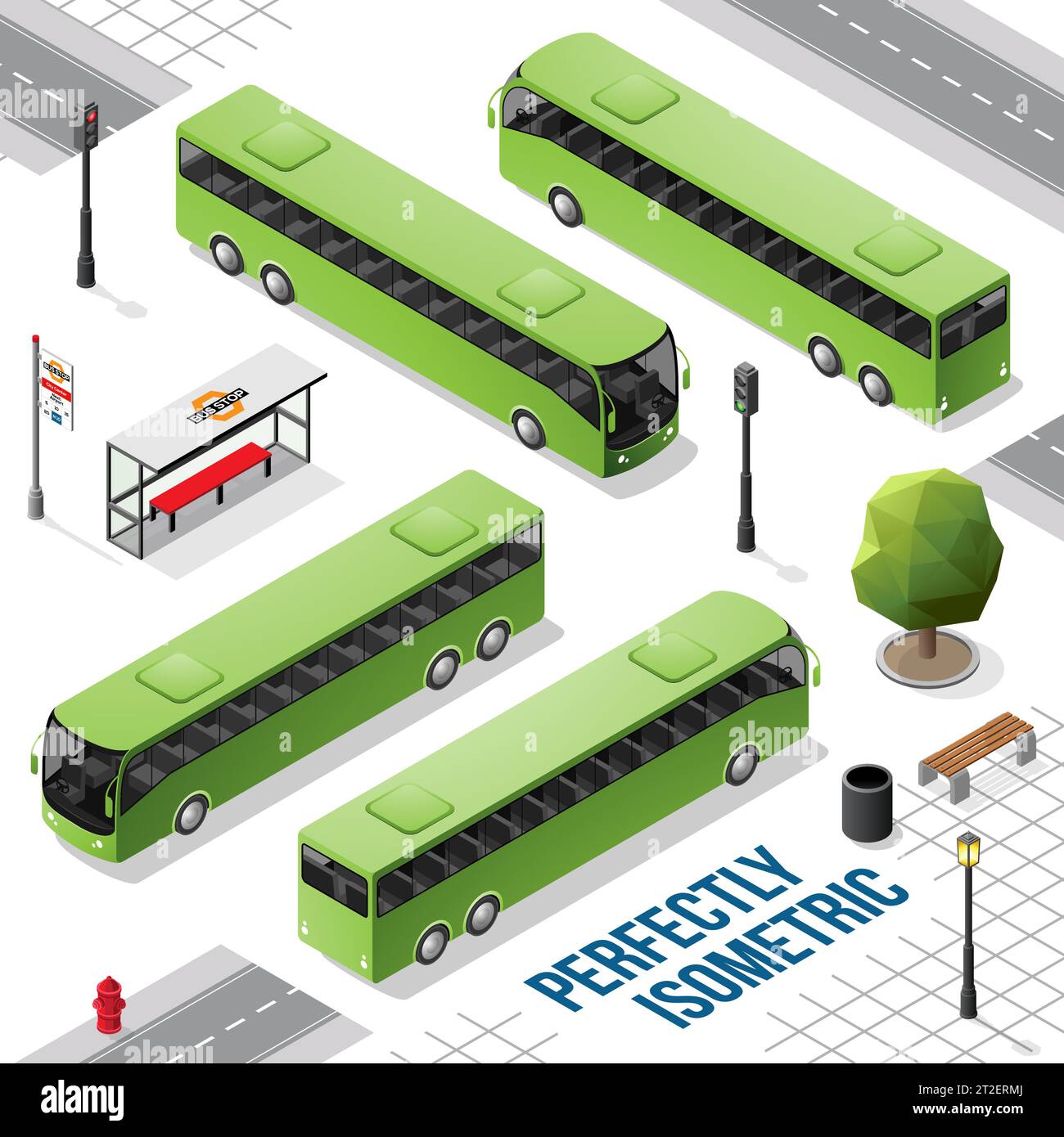 Green Long Isometric Bus from the Front Back Right and Left isolated on ...