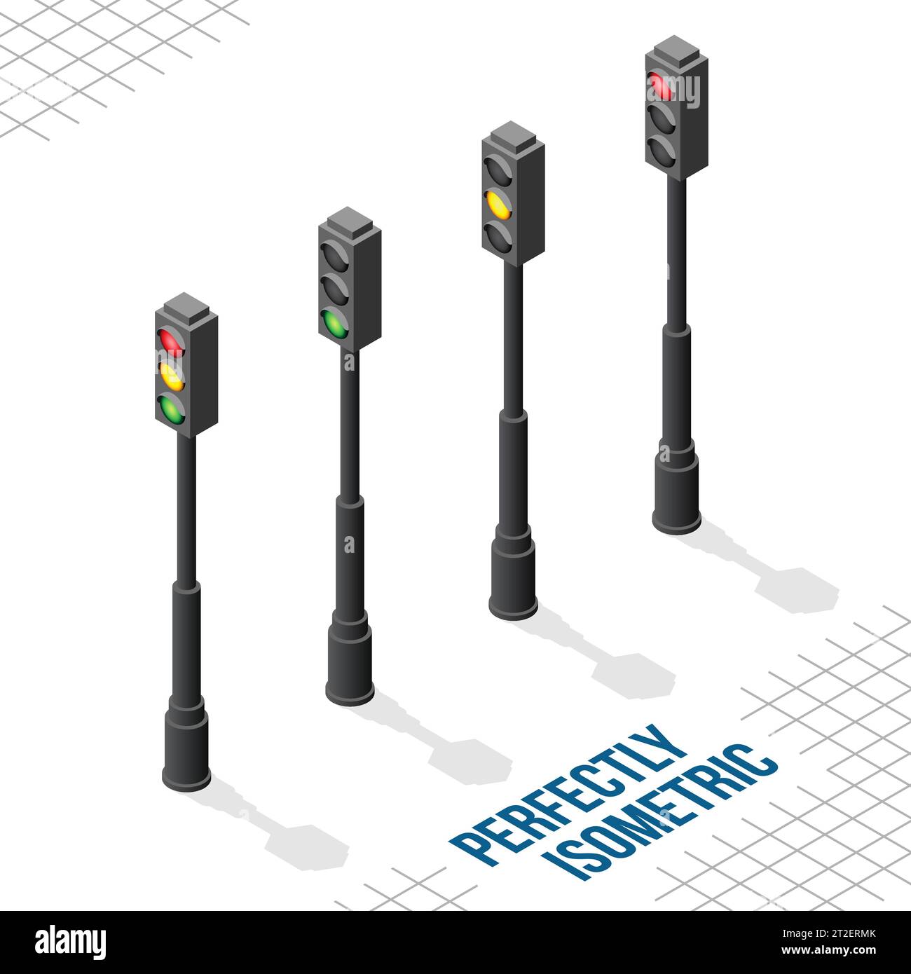 Isometric 4 Left Facing Traffic Light Posts isolated on a White ...