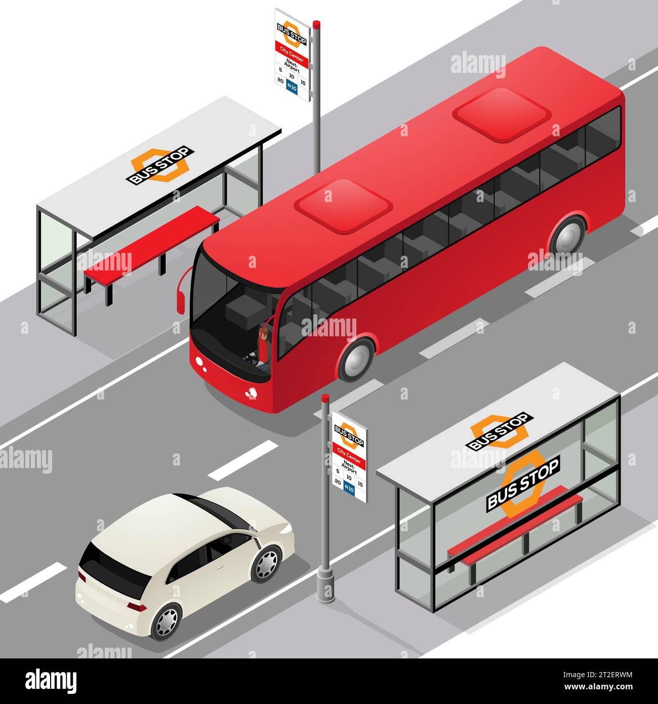 Isometric Bus Stops with a Bus and a Car isolated on a White Background ...
