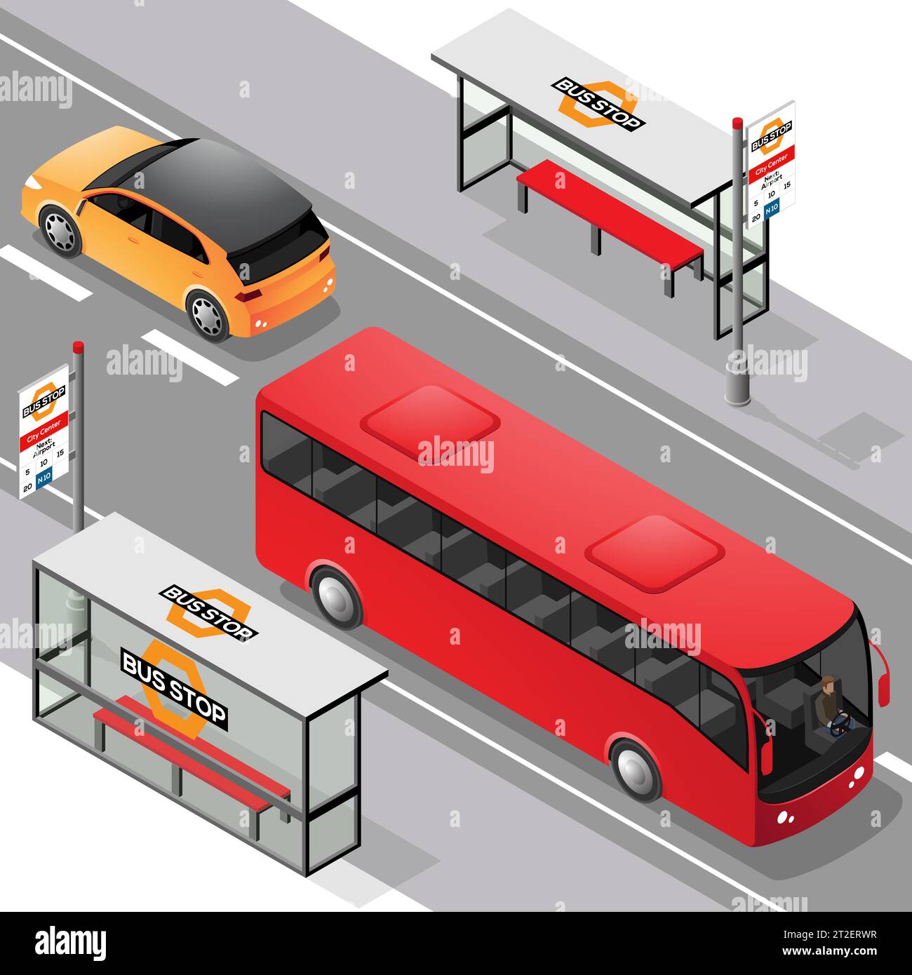 Isometric Bus Stops with a Car and a Bus isolated on a White Background ...